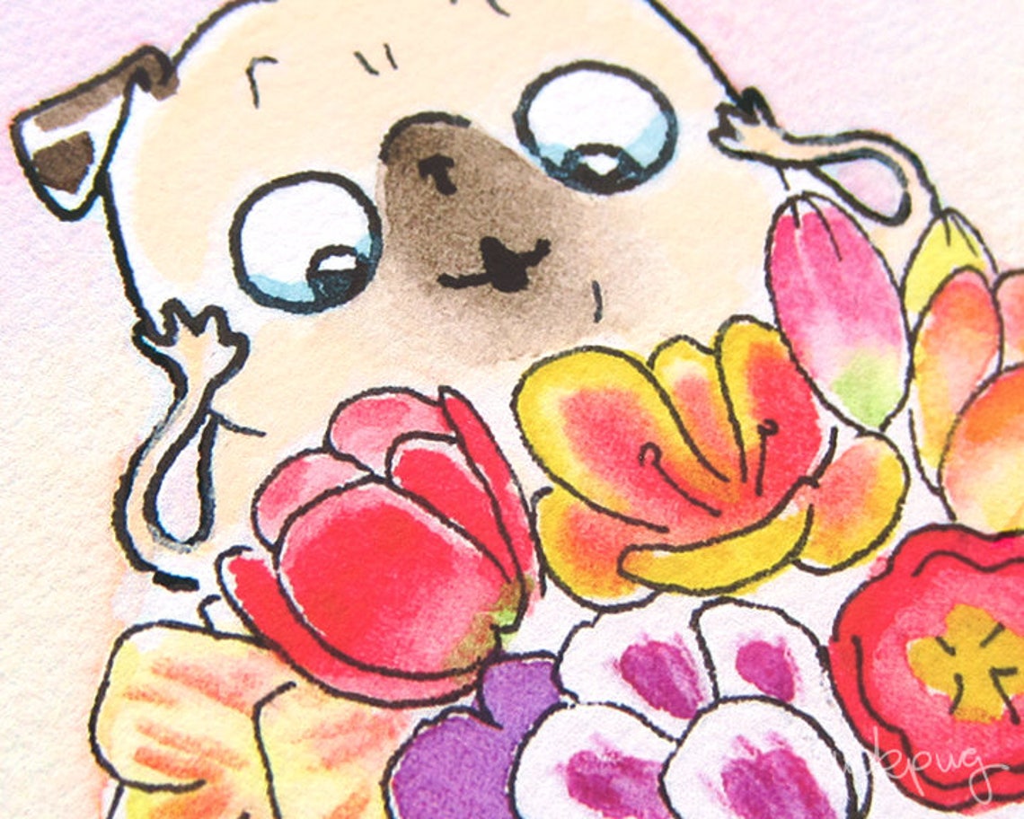 Flower Pugs Tulips Fawn Pug Art Print Cute Pug Watercolor - Etsy