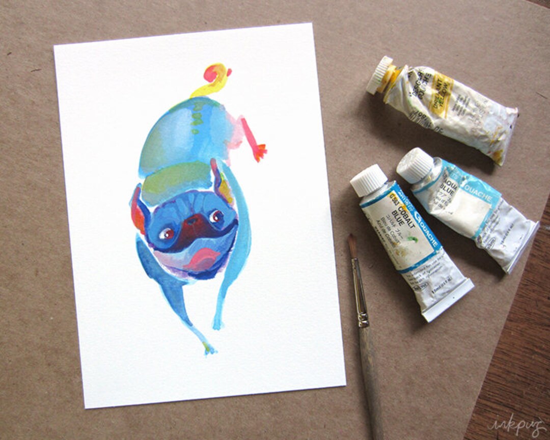 Blue Diver Pug Art Print - Colorful Print of Our Gouache Impressionist ...