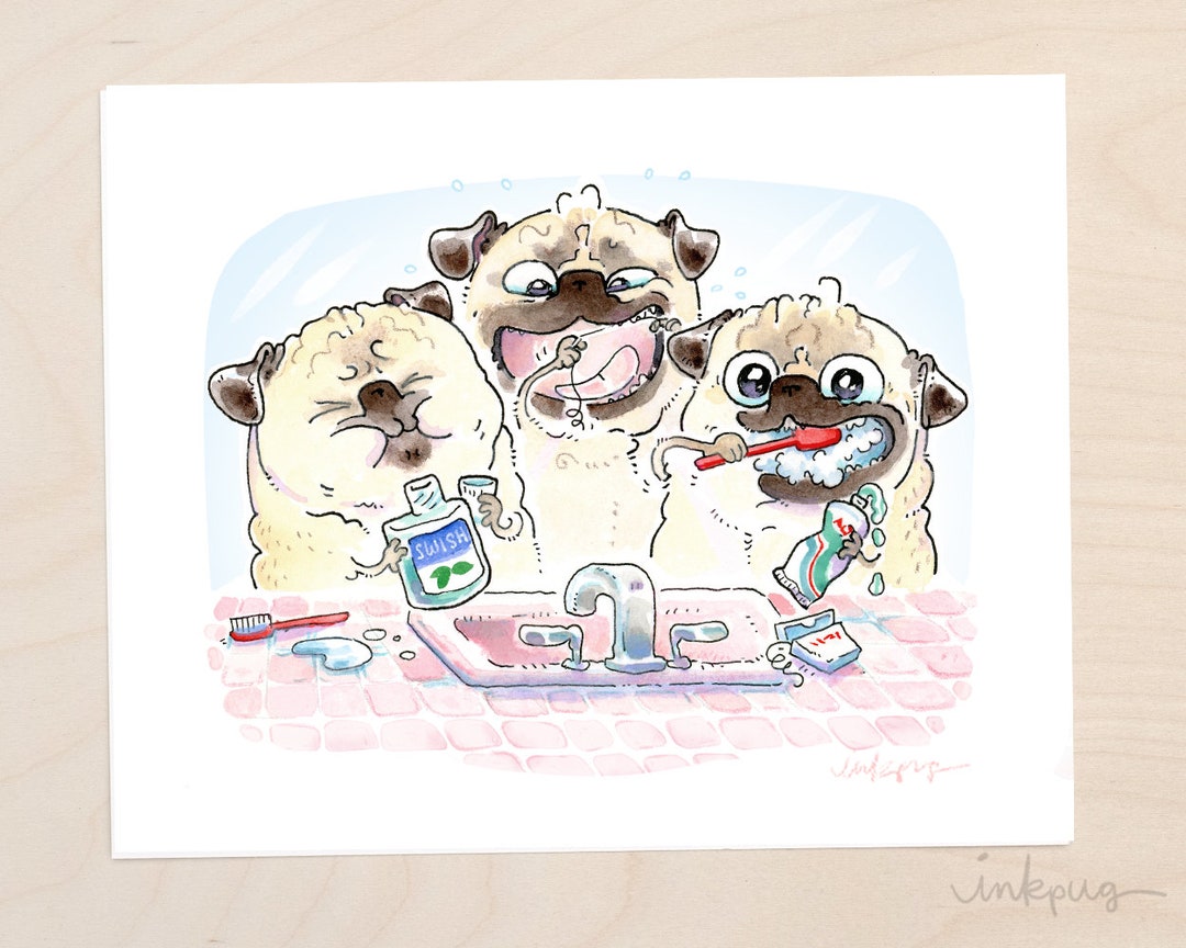 Bath Pugs: Toothbrushers - Funny Pug Bathroom Art, Brush Your Teeth Pug ...