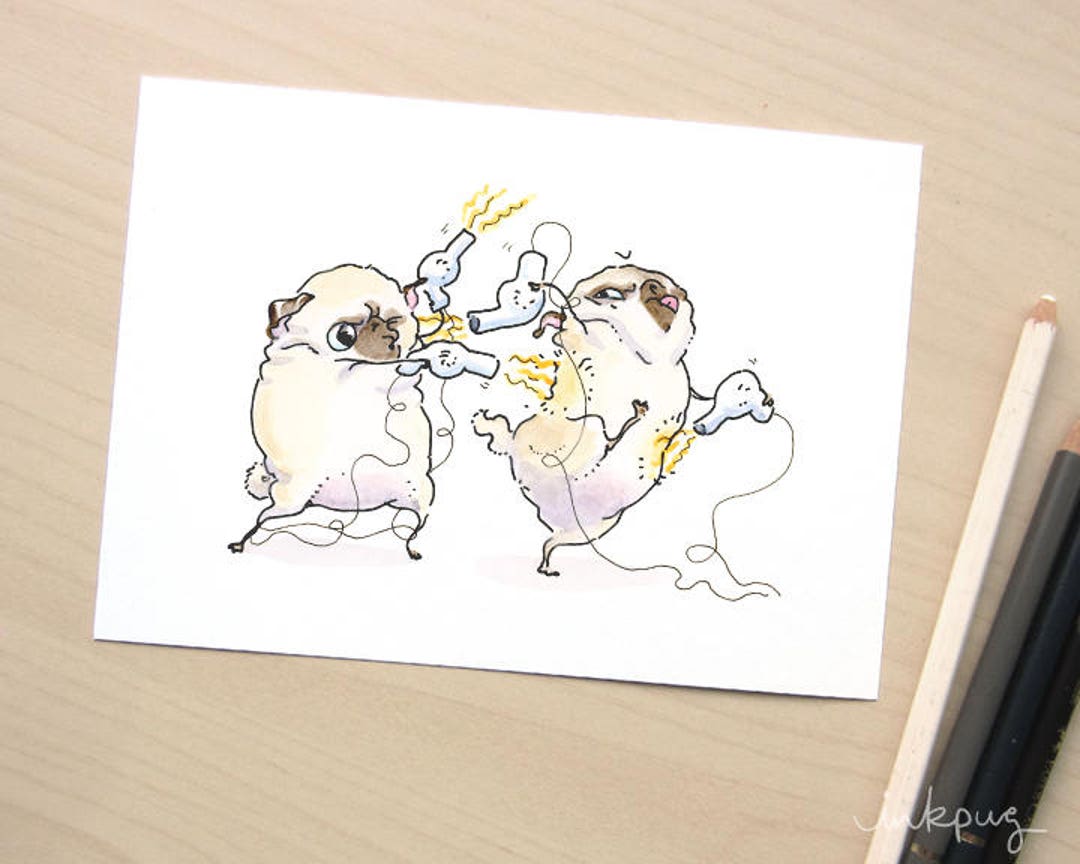 Dryer Fight Pug Art Print - Funny Pug Art, Pug Bathroom Decor, Hair ...