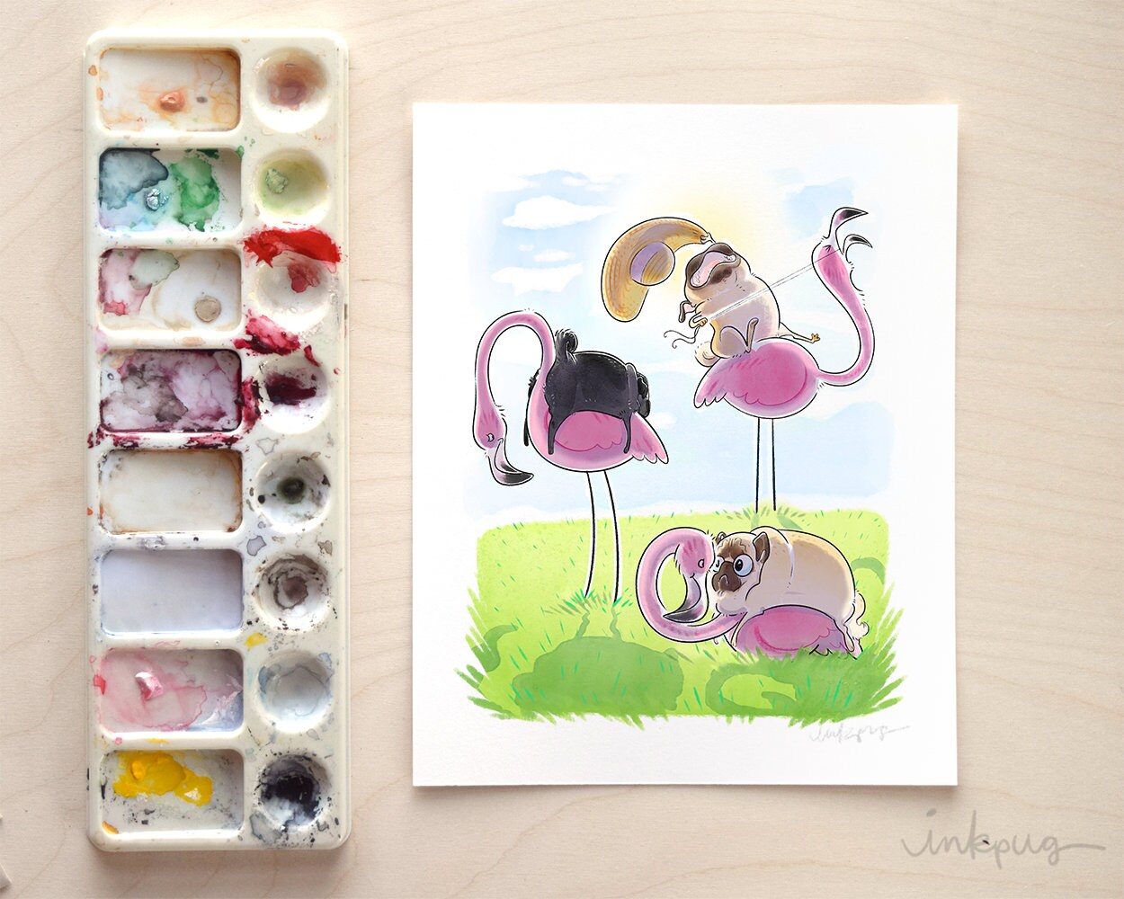 Flamingo Riders pug art print fawn and black pugs riding pink - Etsy.de