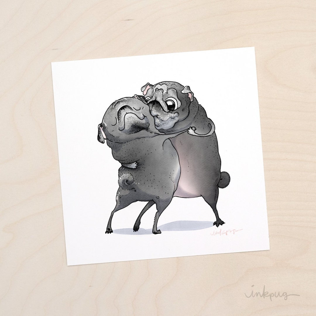 Old Love - Black Pugs Art Print, Black Pug Love Art, Pug Lovers Wedding ...