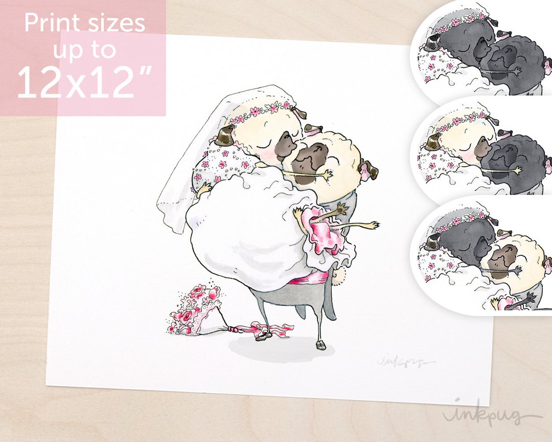 Wedding Kiss Pug Art Print - Pug Wedding Gift, Wedding Decor, Bridal ...