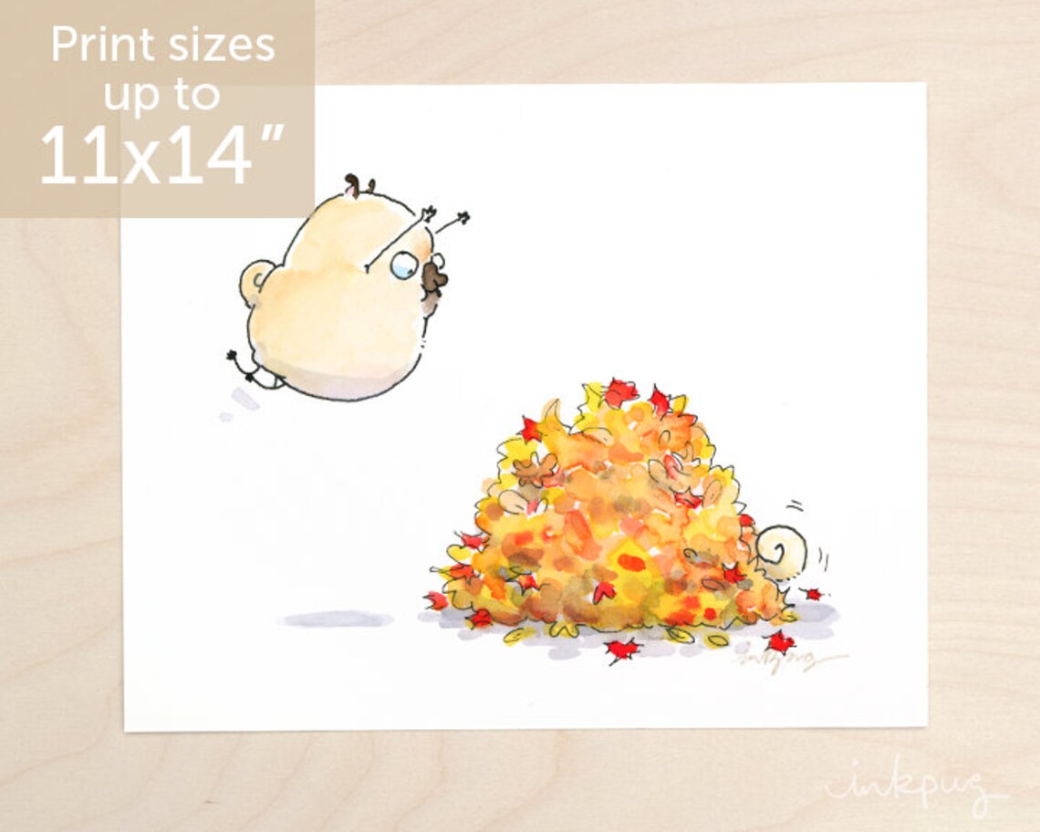 Leaf Pile Pug Art Print - Flying Leap Pugs, Pugs in Autumn Print, Pug ...