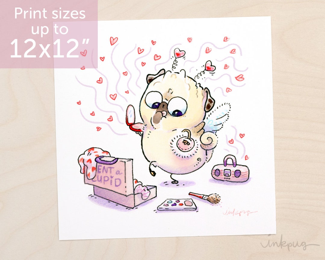 Rent-a-cupid - Cute Pug Art Print, Pug Cupid, Cupid Pug Valentine's Day ...