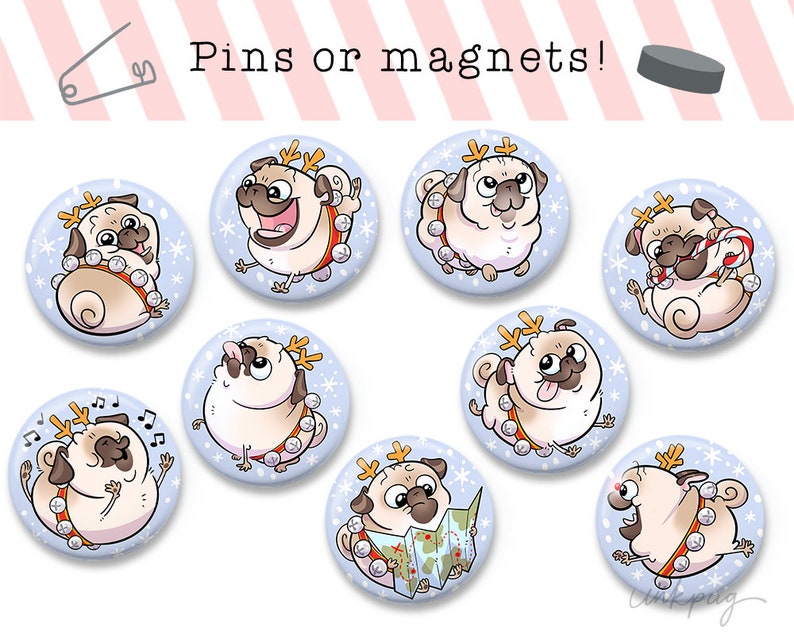 Reindeer Pugs - Fawn Pug Reindeer Pins or Magnets, Cute Pug Christmas ...
