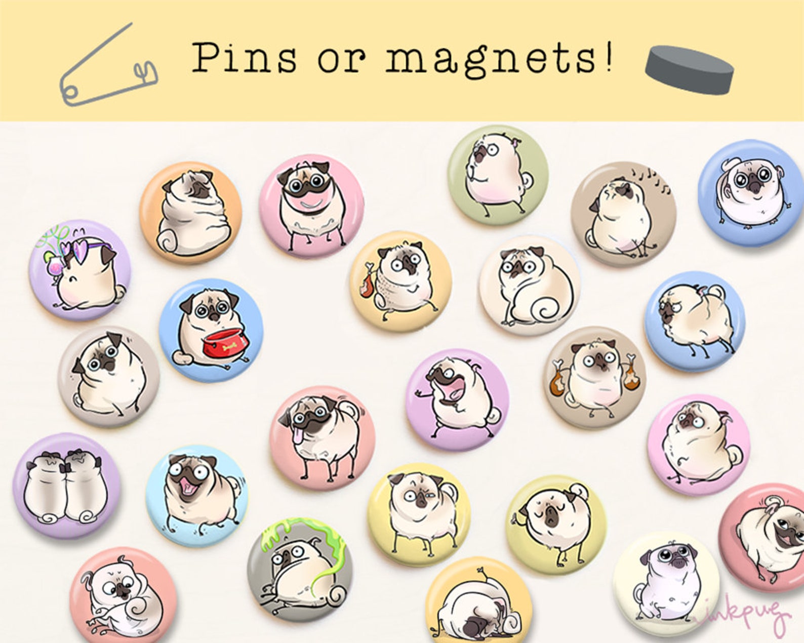 Pugmojis Set 3 Funny Pug Pins or Magnets Cute Pug | Etsy