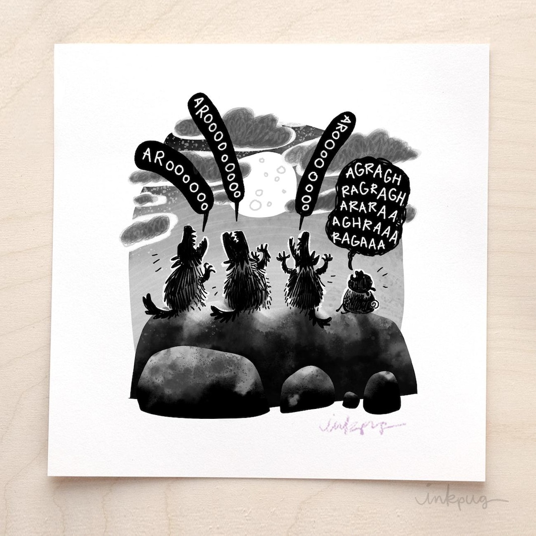 Pug Howl - Funny Pug Art, Wolf Pug Print, Pug Wolf Print, Howling Pug ...