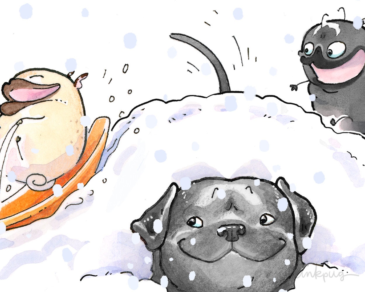 Dog Sledding winter and holiday pug art print with lab | Etsy