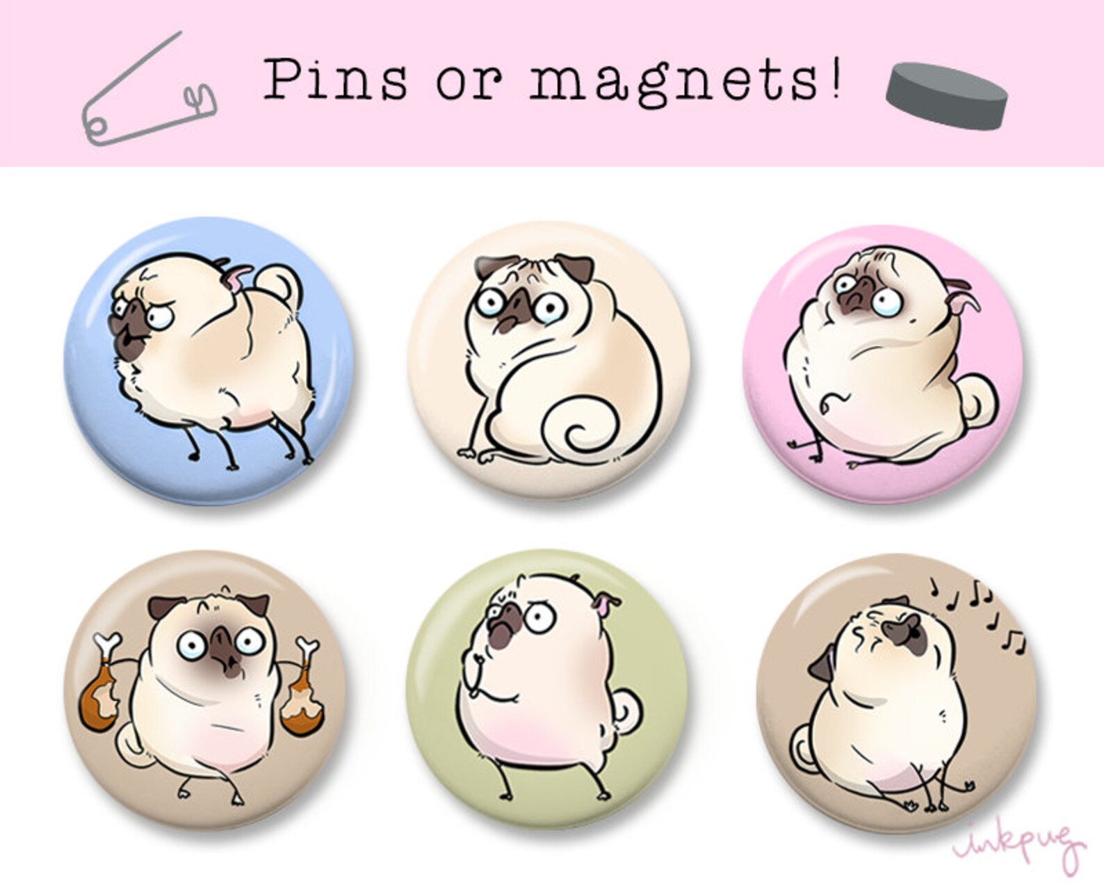 Pugmojis Set 3 Funny Pug Pins or Magnets Cute Pug - Etsy
