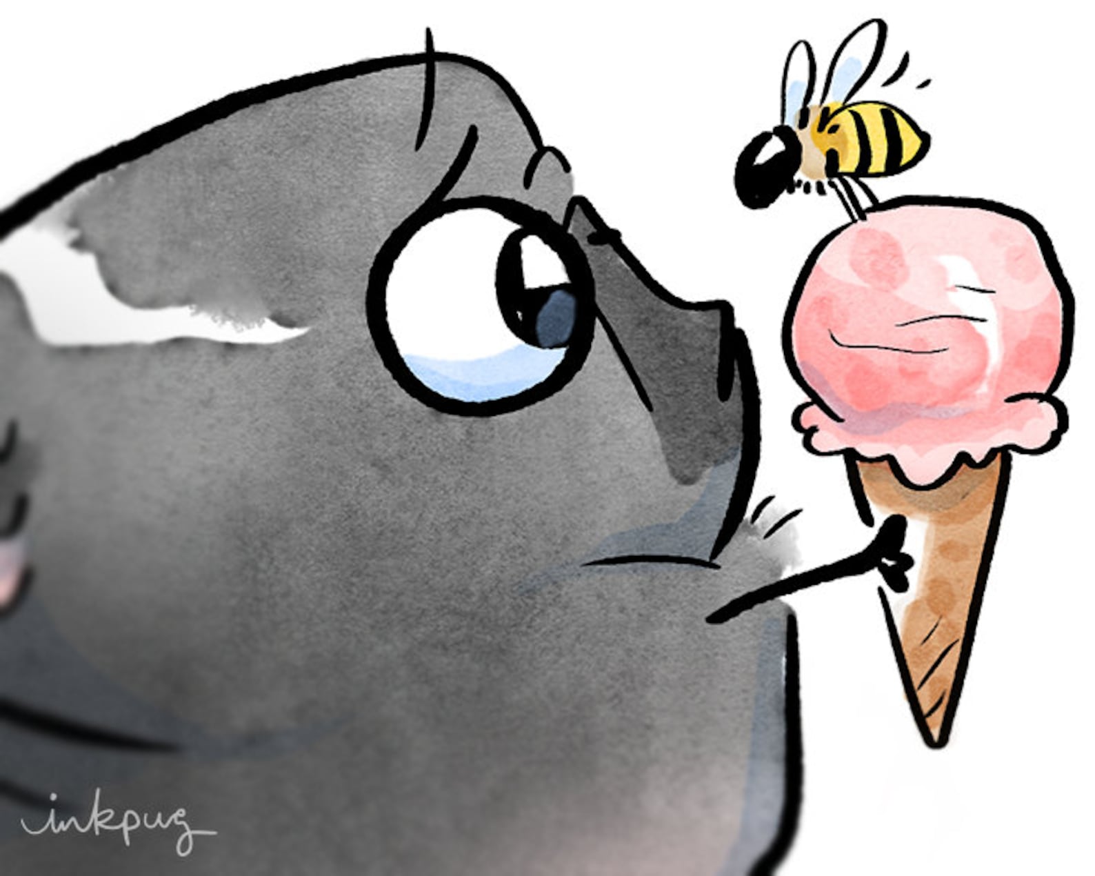 Ice Cream Bee Black Pug Art Print - Cute Black Pug With Strawberry Cone ...