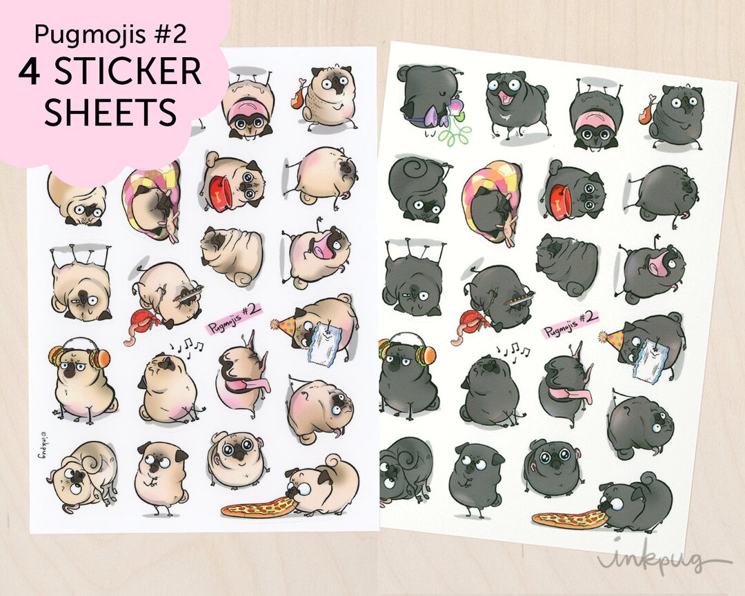 Pugmojis #2 Pug Stickers - Funny Pugs Sticker Sheets With Fawn or Black ...