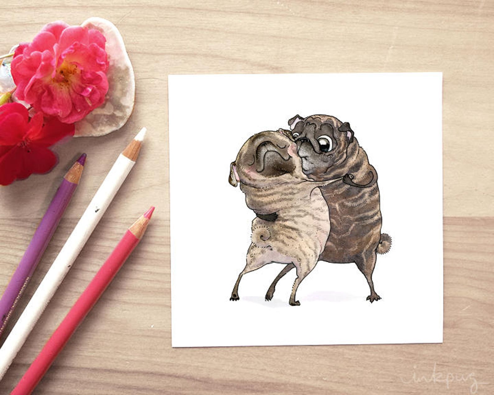 Old Love Brindle Pugs Art Print - Cute Pug Print, Pug Love Art, Brindle ...
