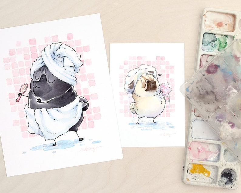 Bath Pugs: Blow Dry - Cute Pug Art Print for Bathroom Decor, Funny Pug ...