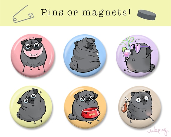 Pugmojis Set 2 Cute Black Pug Magnets or Pins Funny Black | Etsy