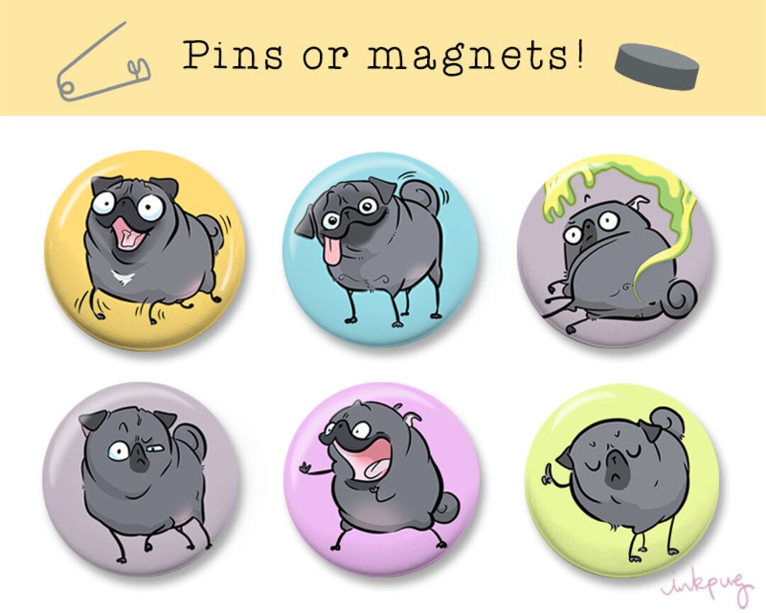 Pugmojis Set #1 - Black Pug Magnets, Cute Black Pug Pins, Funny Black Pug Kitchen Magnets, Pug ...