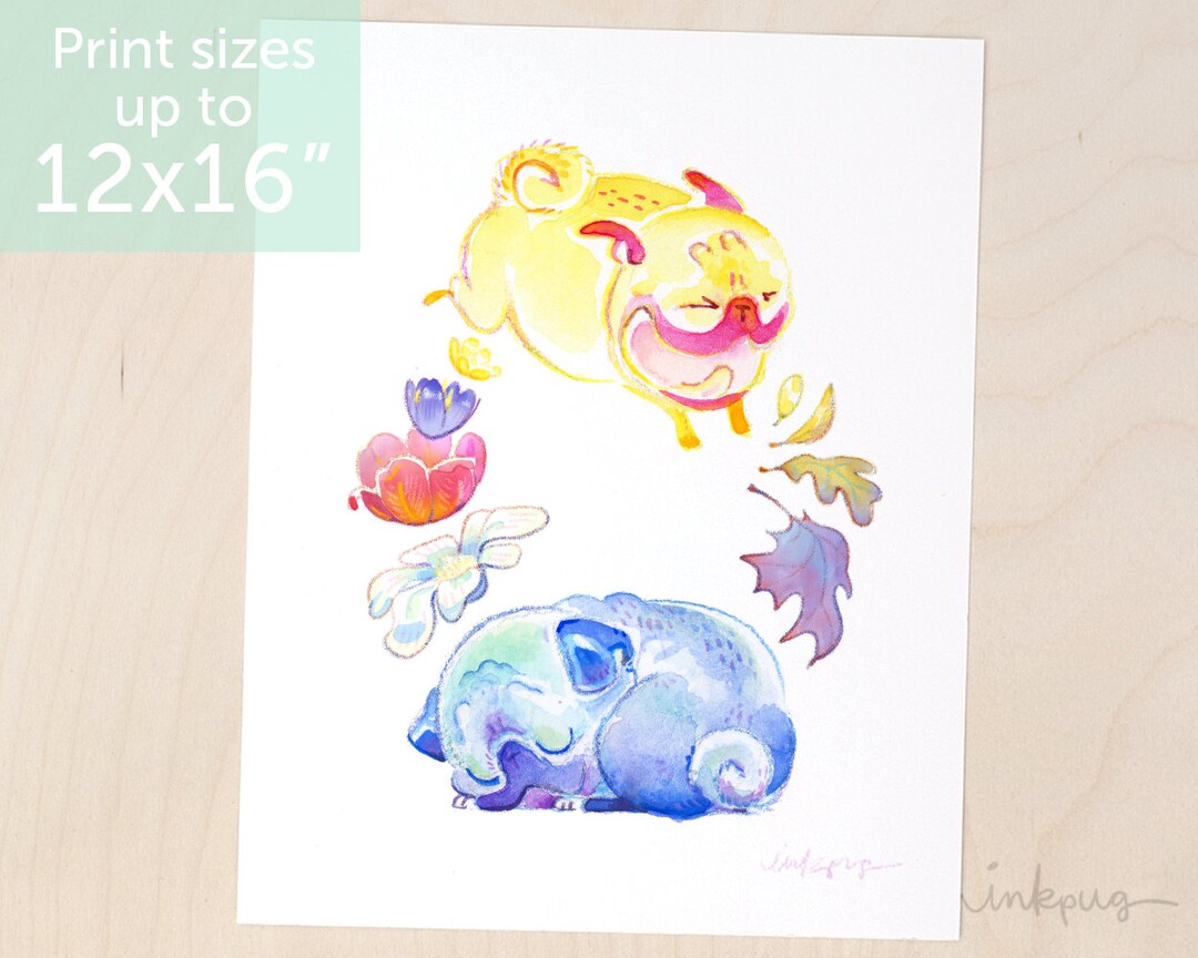 Seasons - Pug Watercolor Art Print, Watercolor Pug Art or Home Decor ...