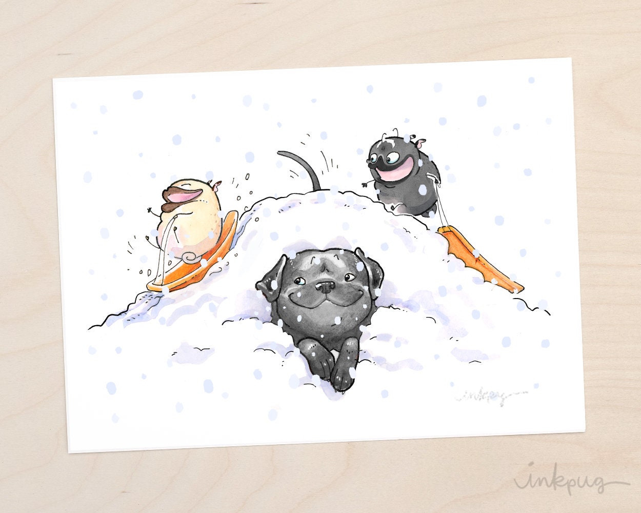 Dog Sledding winter and holiday pug art print with lab | Etsy