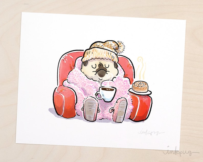 Cozy Day - Snuggle Pug Art, Cute Snuggly Pug Print, Coffee Pug With ...