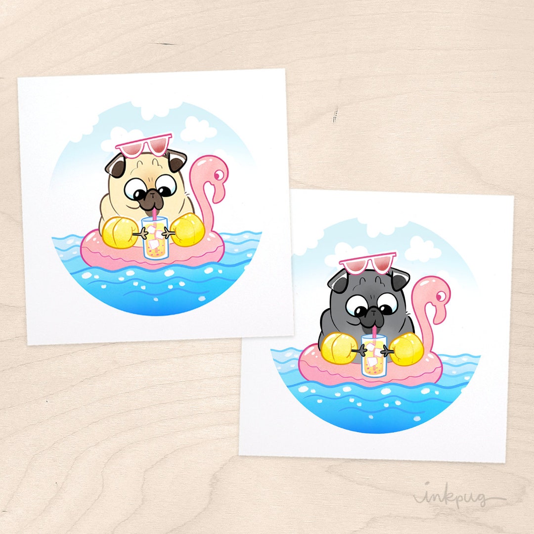 Floaties - Cute Summer Pug Print, Swimming Pug Art, Tropical Beach Pug ...