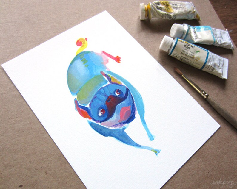 Blue Diver Pug Art Print - Colorful Print of Our Gouache Impressionist ...