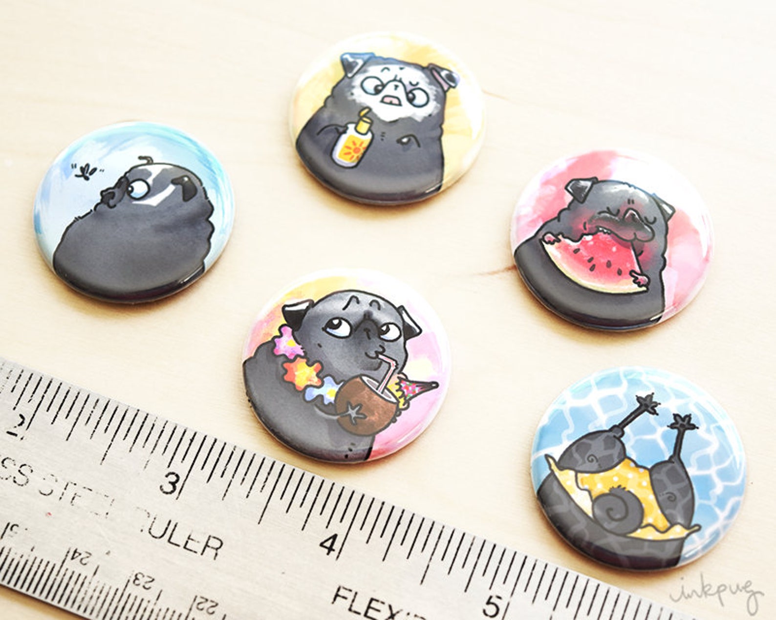 Summer Pugs Black Pug Pins or Magnets Cute Pug | Etsy