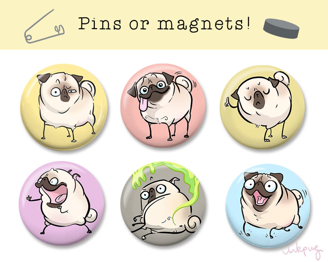 Pugmojis Set #1 - Pug Magnets, Funny Pug Pins, Set of Pug Pinback ...