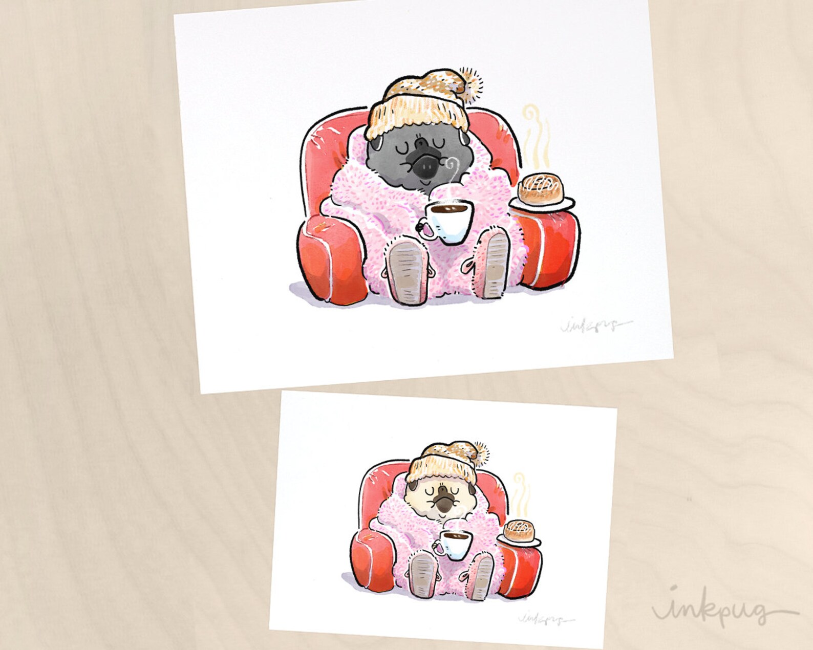 Cozy Day - Snuggle Pug Art, Cute Snuggly Pug Print, Coffee Pug With ...