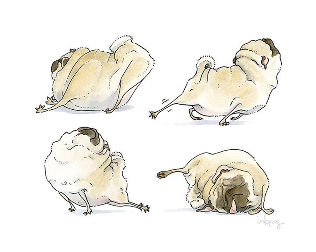 Four Pug Poses - Pug Art Print, Good Morning Art, Pug Yoga, Yoga Art ...