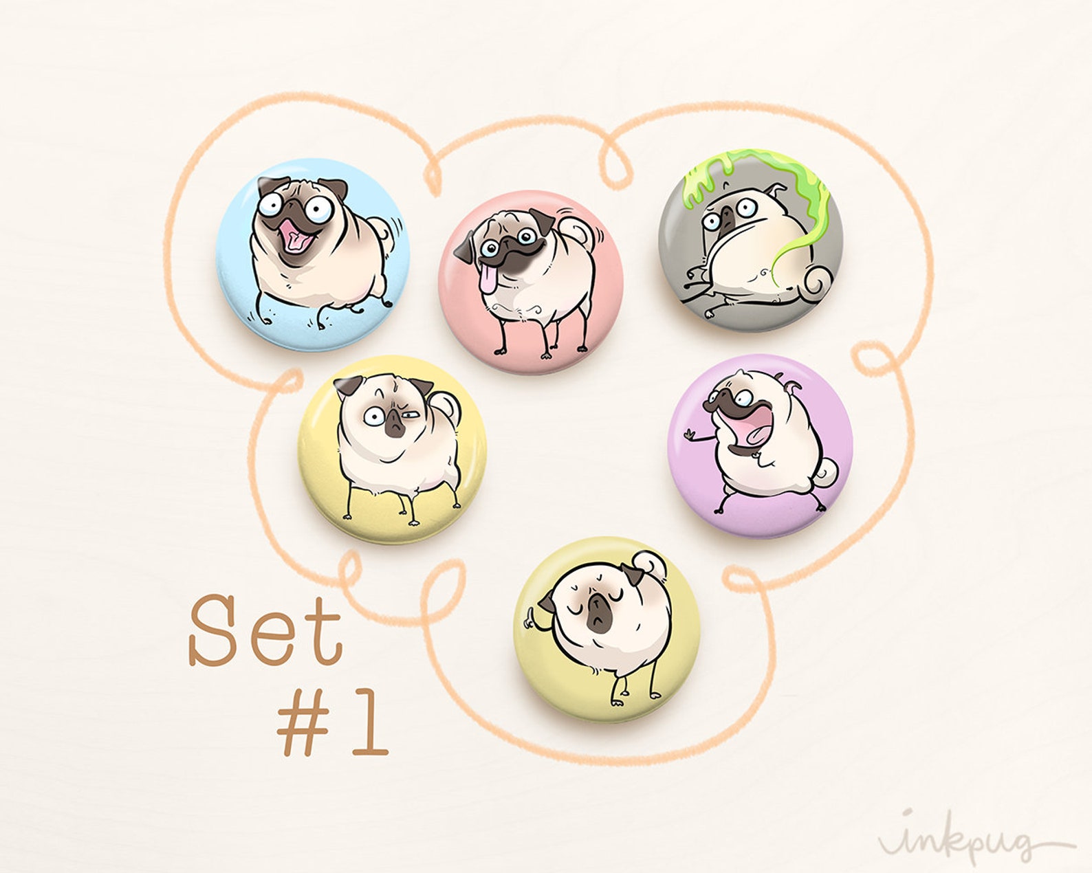 Pugmojis Set 3 Funny Pug Pins or Magnets Cute Pug | Etsy