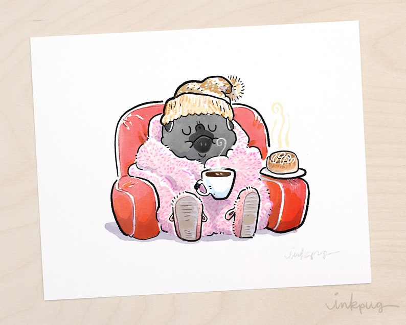 Cozy Day - Snuggle Pug Art, Cute Snuggly Pug Print, Coffee Pug With ...