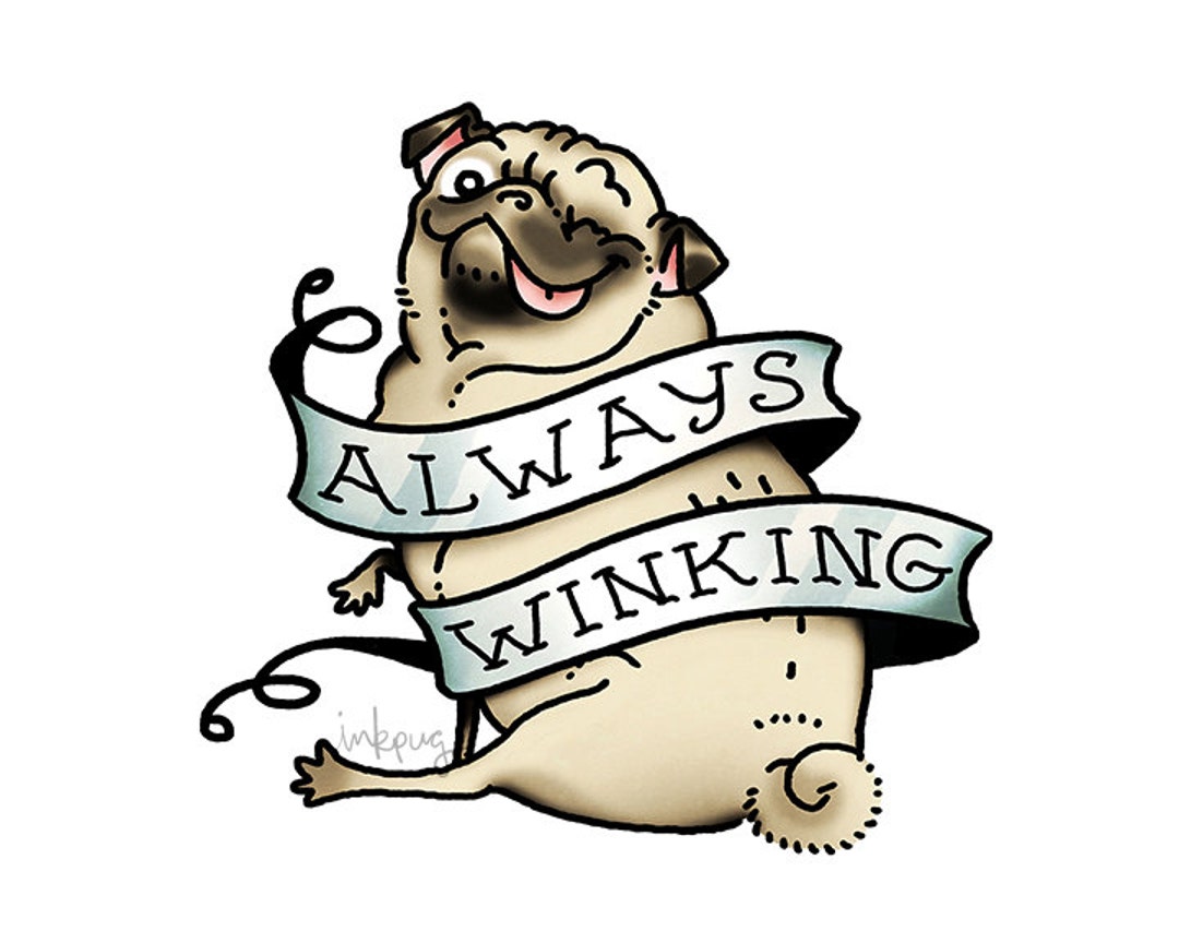 Always Winking Fawn One-eyed Pug Art Print - One Eyed Dog Tattoo Design ...