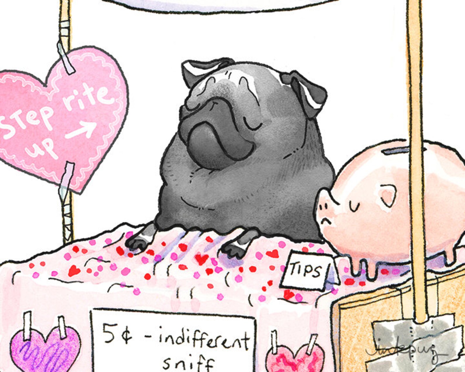 Smoochin Booth Pug Art Print - Cute Black Pug Art, Pug Kissing Booth ...