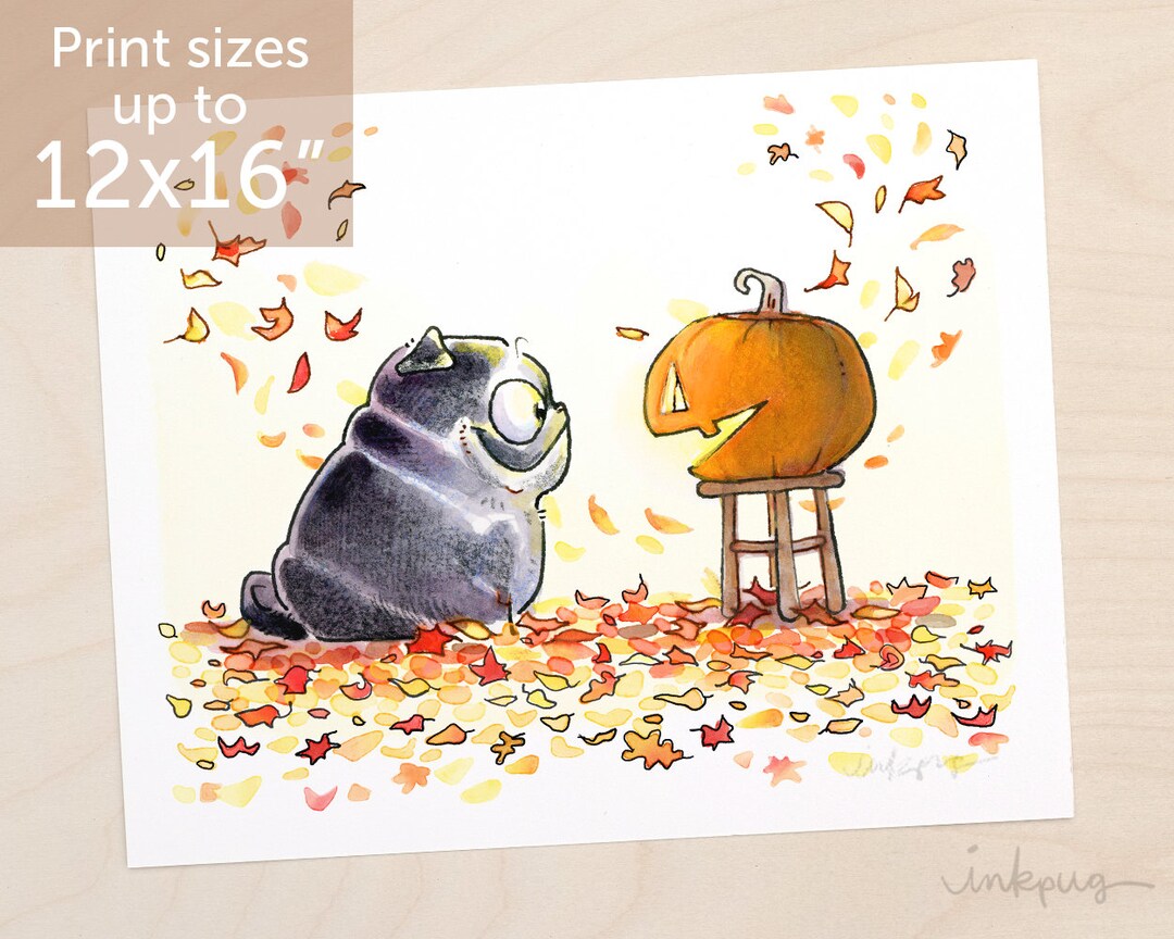 Staring Contest - Black Pug Halloween Art, Autumn Black Pug Print ...