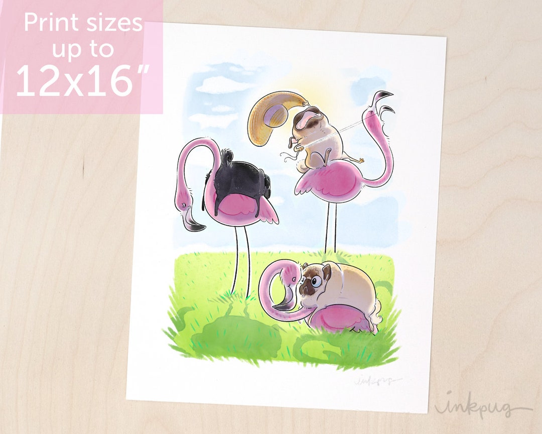 Flamingo Riders Pug Art Print, Fawn and Black Pugs Riding Pink ...