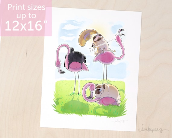 Flamingo Riders Pug Art Print Fawn and Black Pugs Riding Pink - Etsy