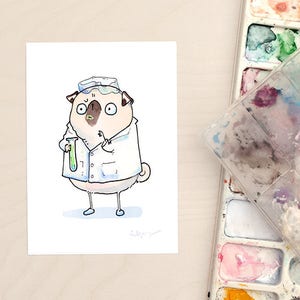 Scientist Pug Art - Funny Lab Art Print, Pug in a Lab Coat, Lab Tech ...