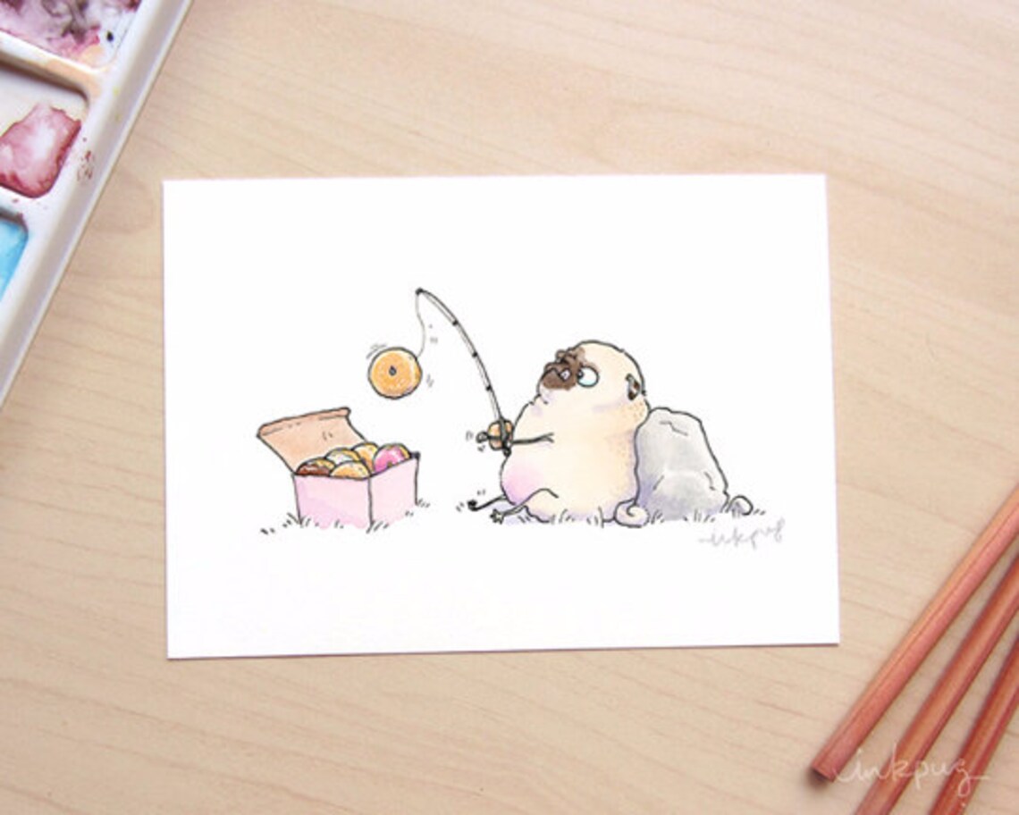 Donut Fisher Pug Art Print - Funny Art With Pugs and Donuts, Gone ...