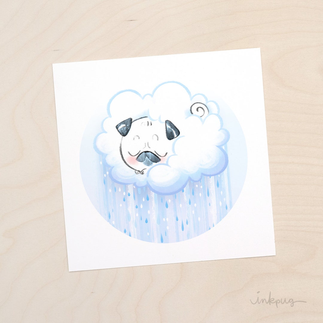 Soft Rain - Pug Art Print, Rain Cloud Pug Print, Pug Cloud, Rainy Day ...