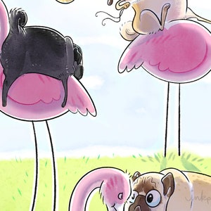Flamingo Riders Pug Art Print, Fawn and Black Pugs Riding Pink ...