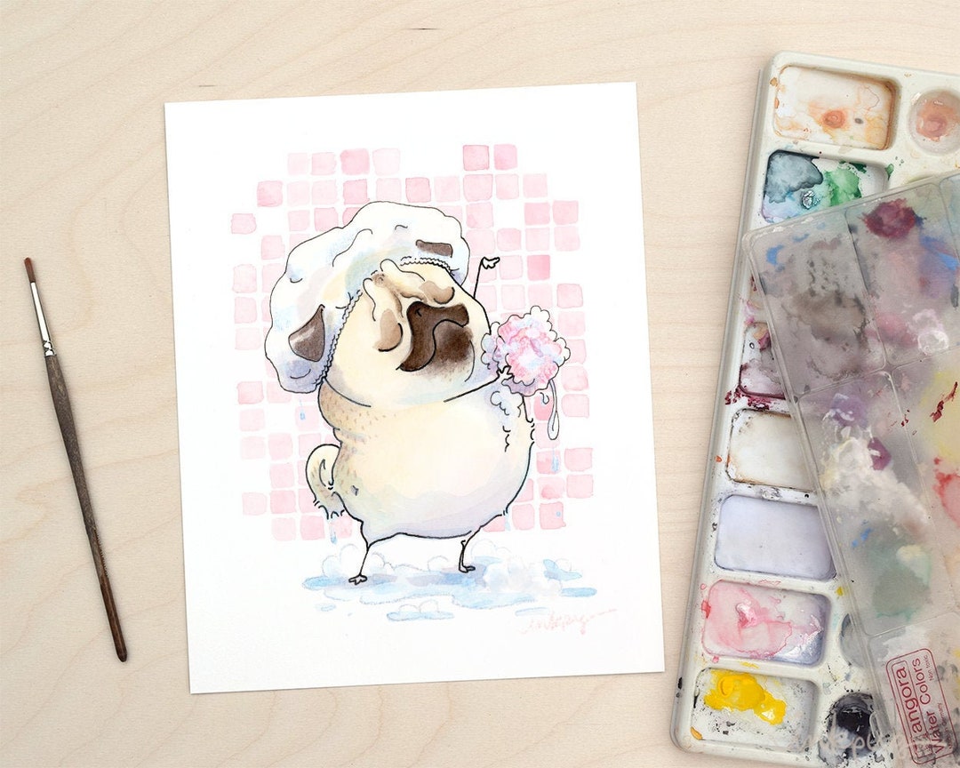 Bath Pugs: Loofah - Showering Pug Art Print for Bathroom Decor, Funny ...