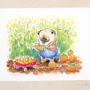 Candy Corn Crop - Farmer Pug Halloween Art, Autumn Pumpkin Pug Print ...