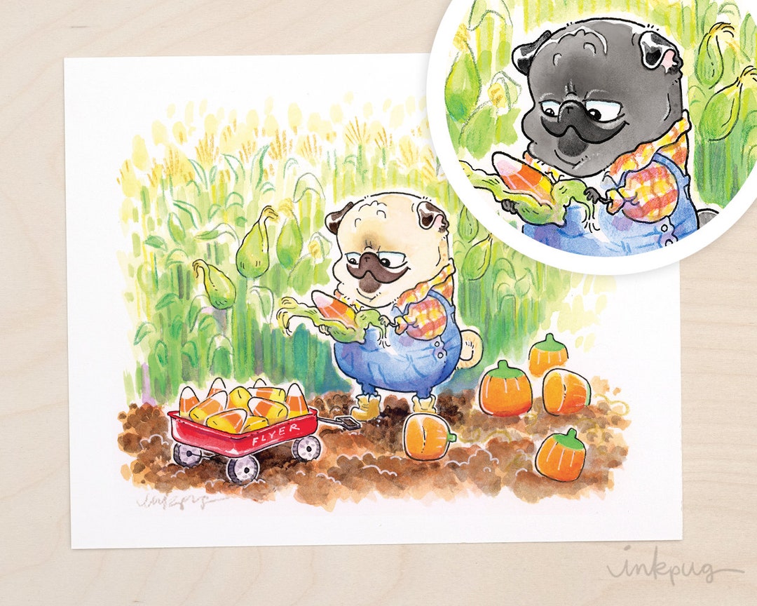 Candy Corn Crop - Farmer Pug Halloween Art, Autumn Pumpkin Pug Print ...