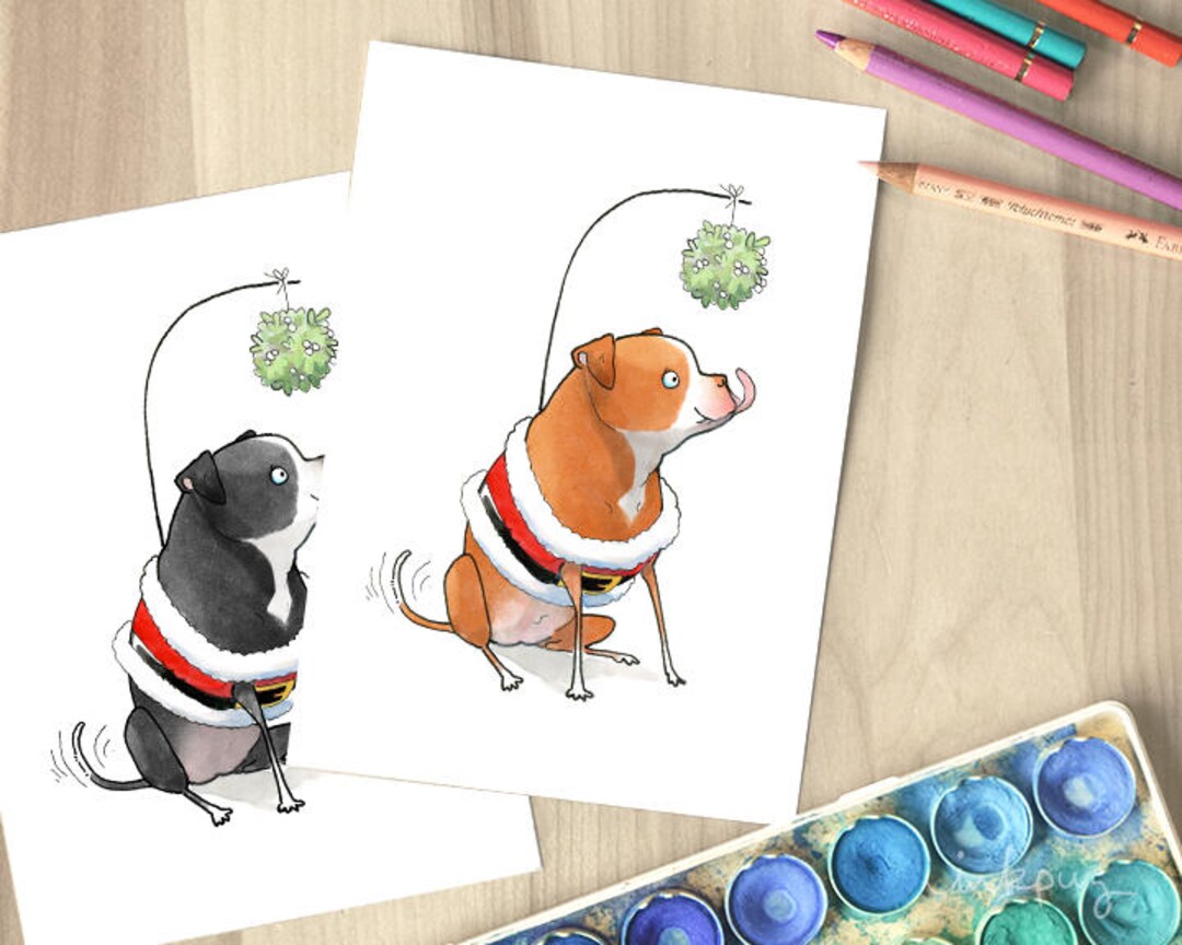 Merry Kissmas Pitbull Art Print - Funny Pit Bull Art, Cute Pitbull ...