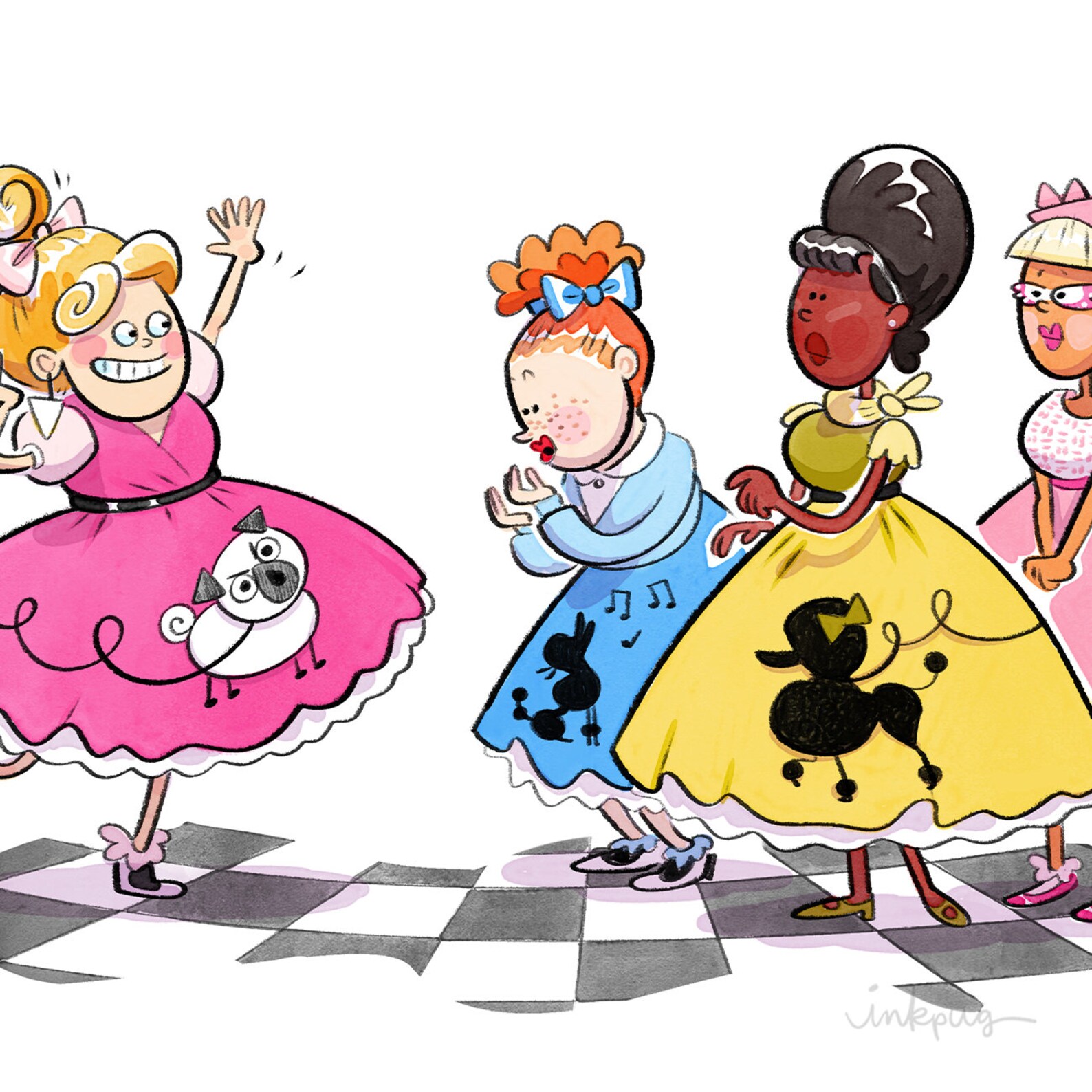Pug Lady at the Sock Hop - Pug Poodle Skirt, Retro Pug Art, 50s Pug ...