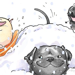 Dog Sledding Winter and Holiday Pug Art Print With Lab, Labrador ...
