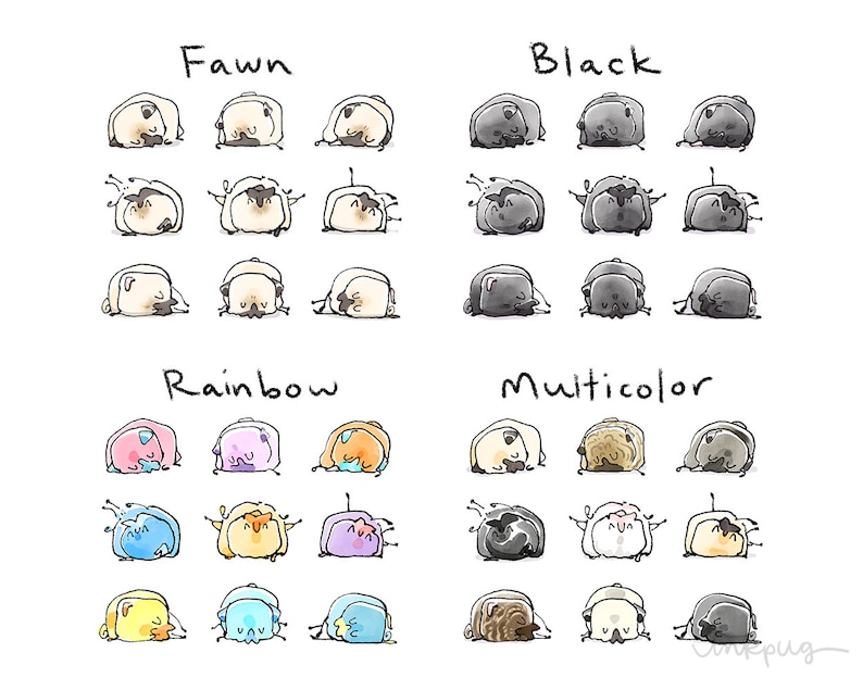 Roll Call Cute Pug Art Print With Black Pugs Brindle Pugs | Etsy