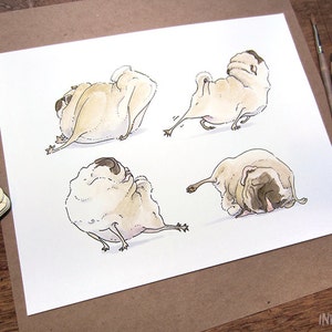 Four Pug Poses - Pug Art Print, Good Morning Art, Pug Yoga, Yoga Art ...