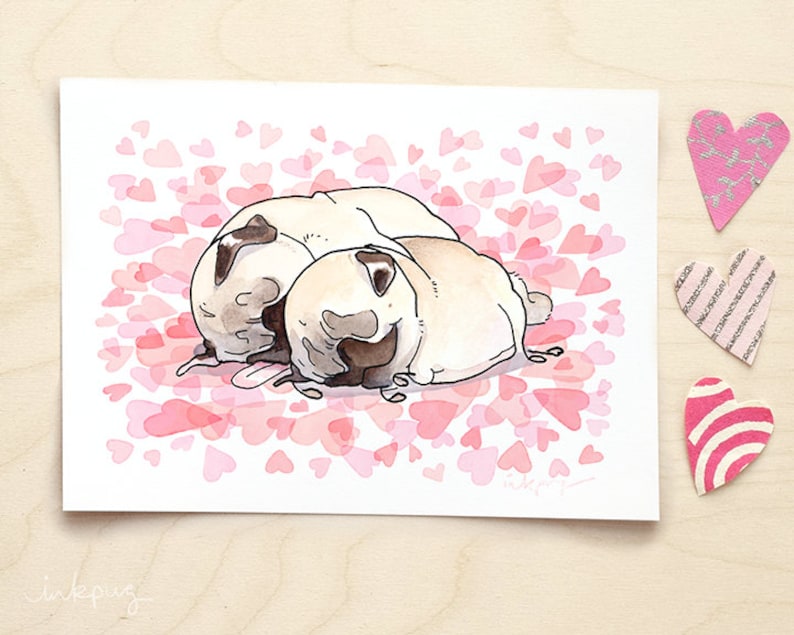 Snuggle Buddies Pug Art Print - Two Fawn Pugs Cuddling, Pug Hugs ...