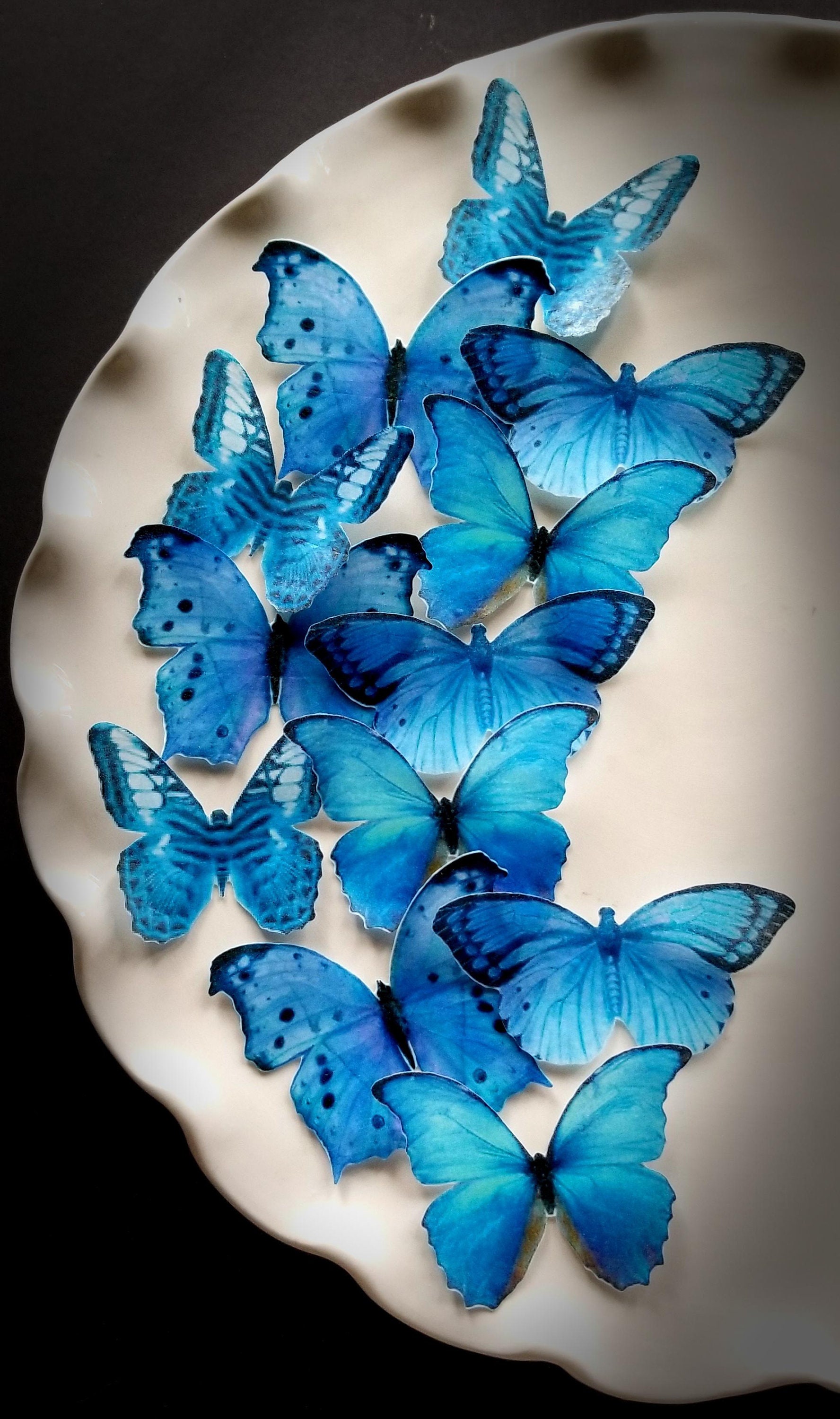 12 Edible Wafer Paper Butterflies Sapphire Blue Cake Toppers Etsy
